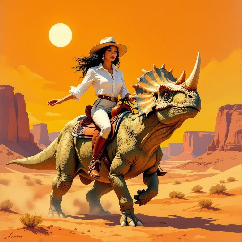 "Desert Dino Rider" - Woman Rides Triceratops in Desert, Imp...