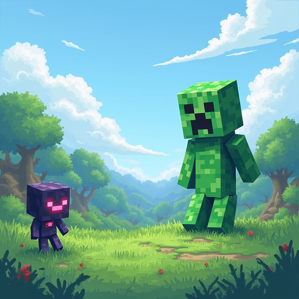 Blocky Pixelated Landscape with Creeper and Enderm... - AI Art