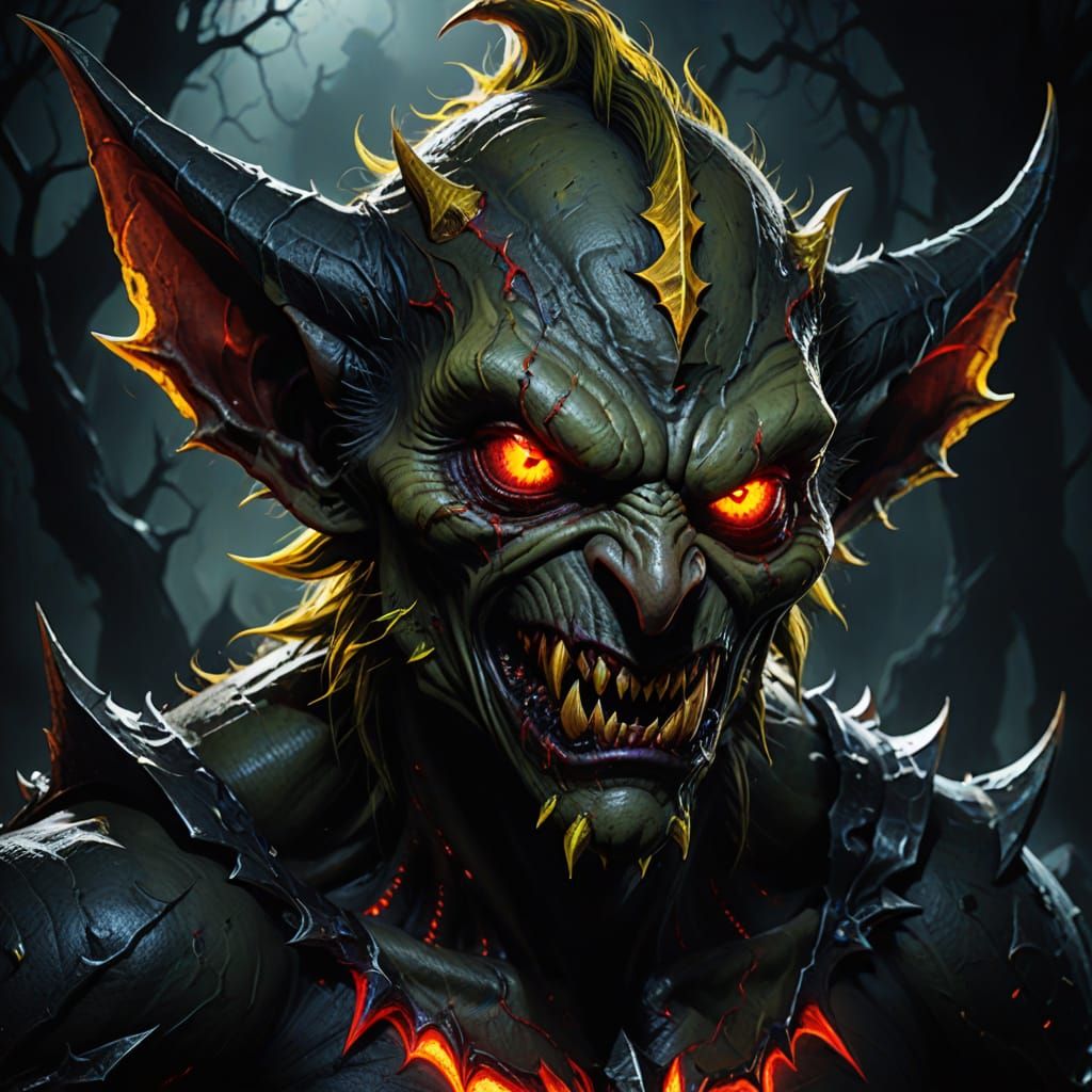 Gothic Goblin with Glowing Red Eyes in Dark Fantas... - AI Art