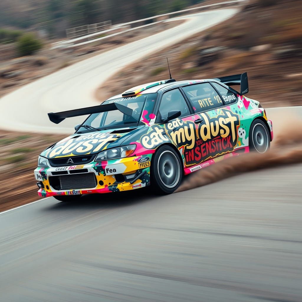Rally car wrapped in "eat my dust you insensitive f**k" artwork