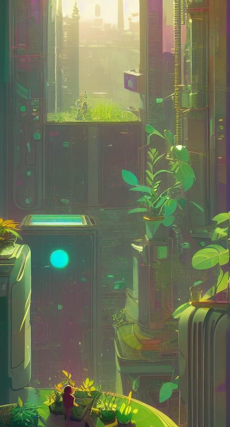 lush solarpunk Victorian windowsill with futuristic plants on it ...