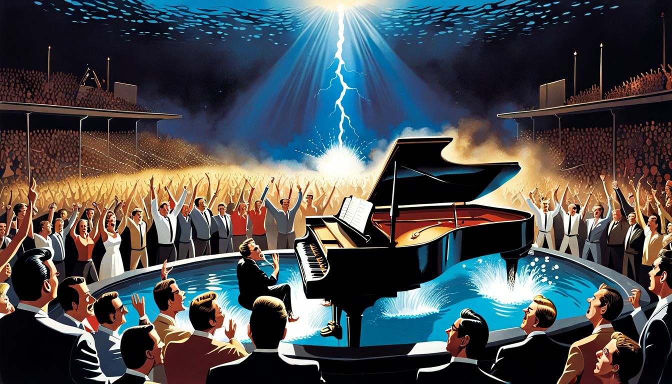 Jerry Lee Lewis is crazy at work on the big stage and the audience ...