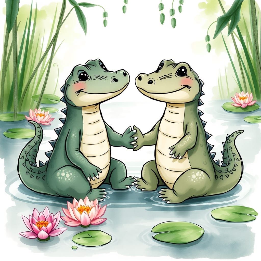 Gators in love - Whimsical Alligator Friends in a Serene Swa...