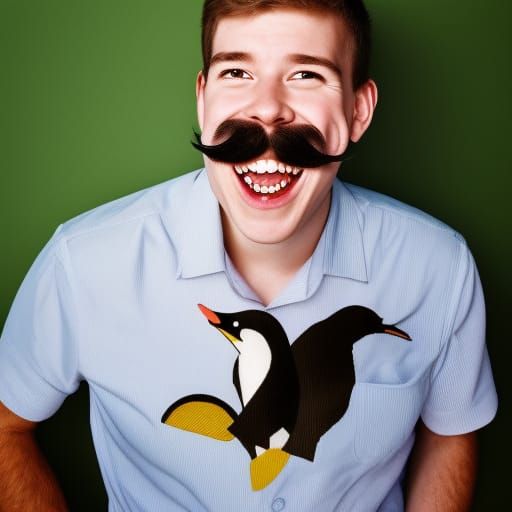 Young fellow with comically large mustache laughing at penguins - AI ...