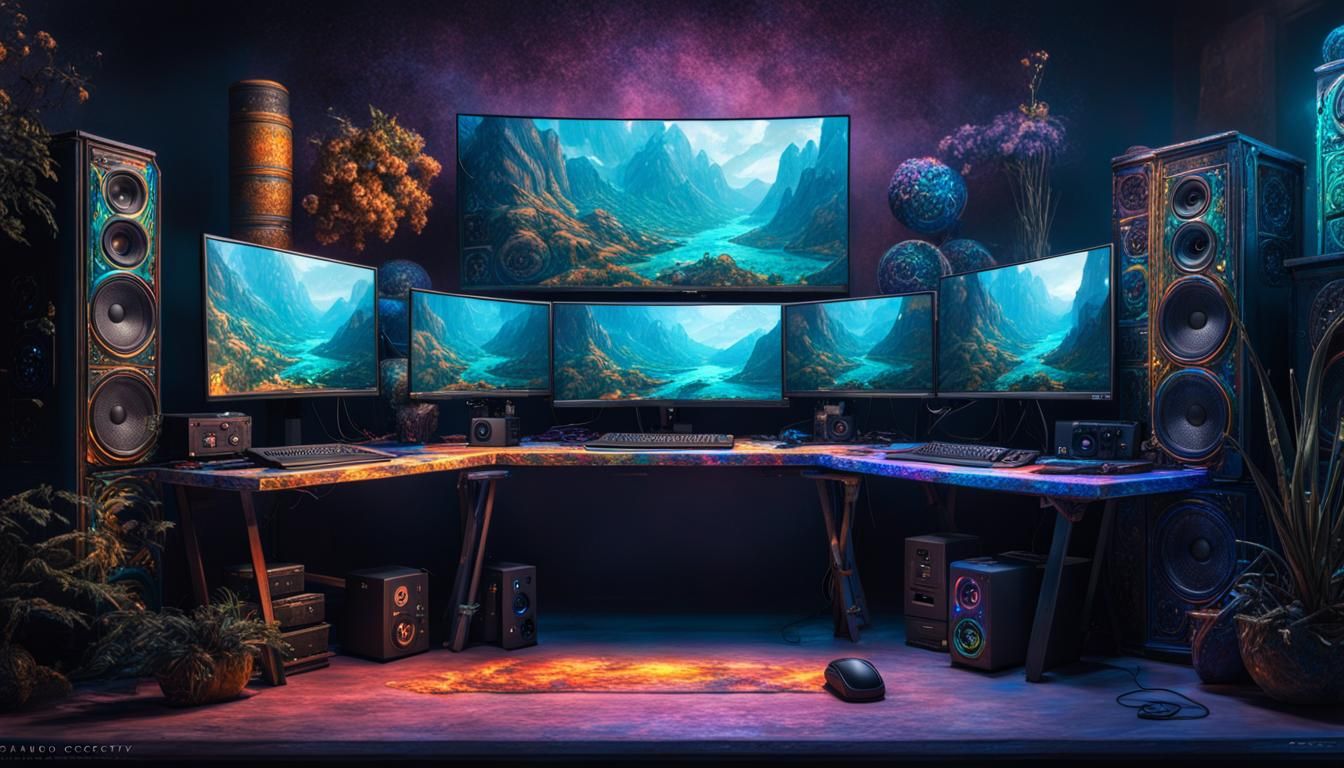 Gaming pc setup in a greek myth, H.R. complementary colors split ...