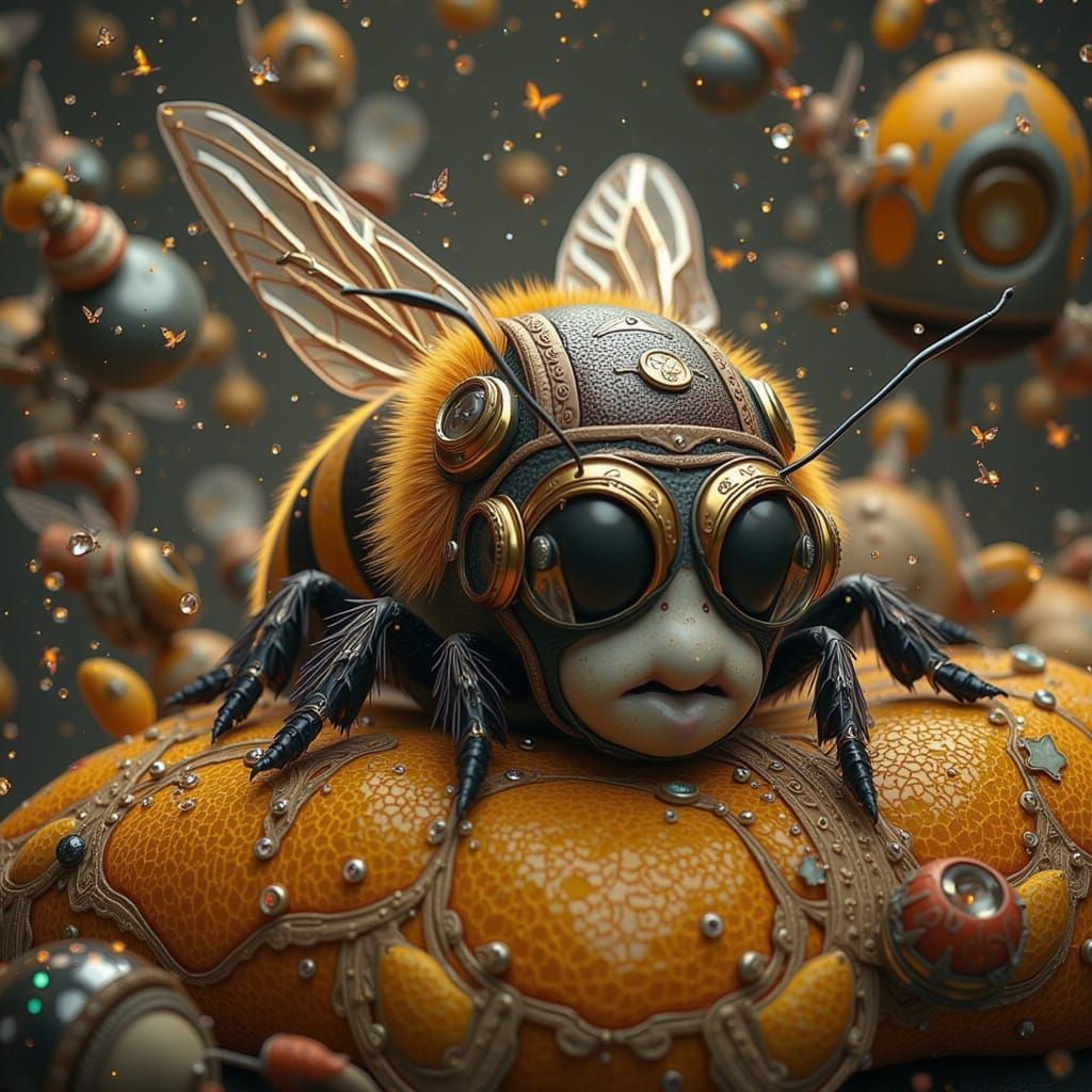 steampunk bumblebee collapsing onto a honeycomb