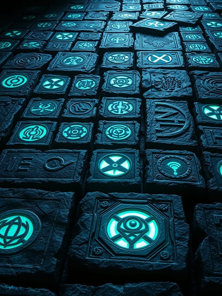 Ancient Grid of Mysterious Symbols in Pixelated St... - AI Art