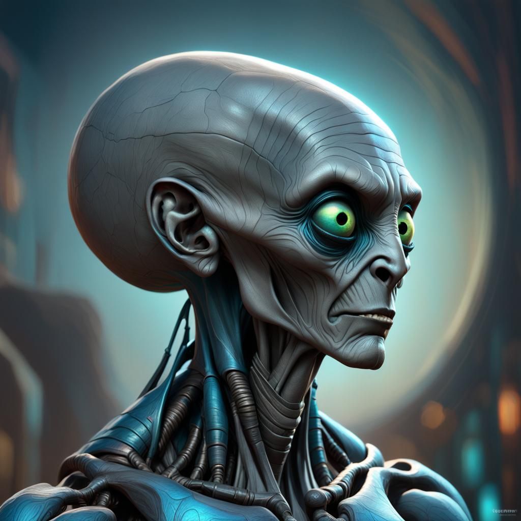 Megamind as a small scared skinny alien very large dark eyes bald head ...