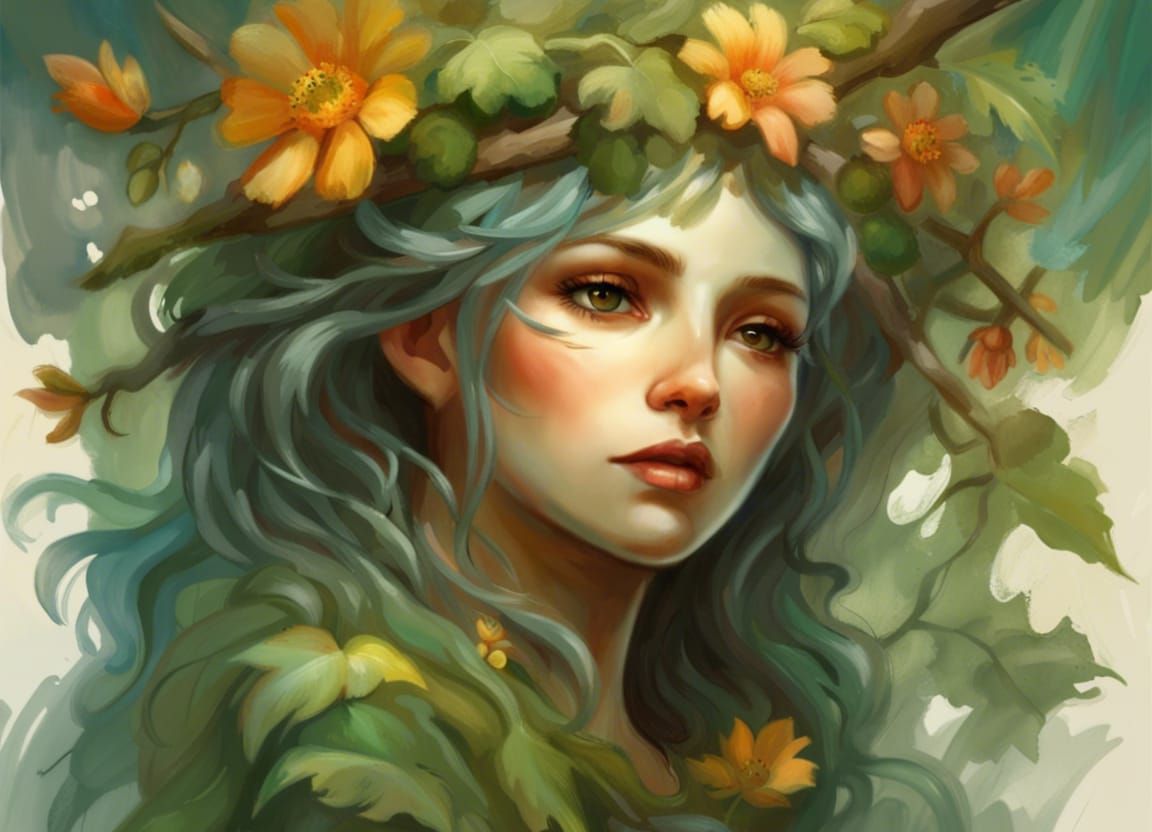 Druid Forest girl with pretty detailed face and green hair playing the ...