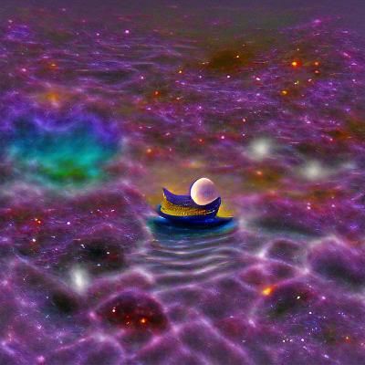 Tiny boat floating on a moonlit cosmic space sea at moonset - AI ...