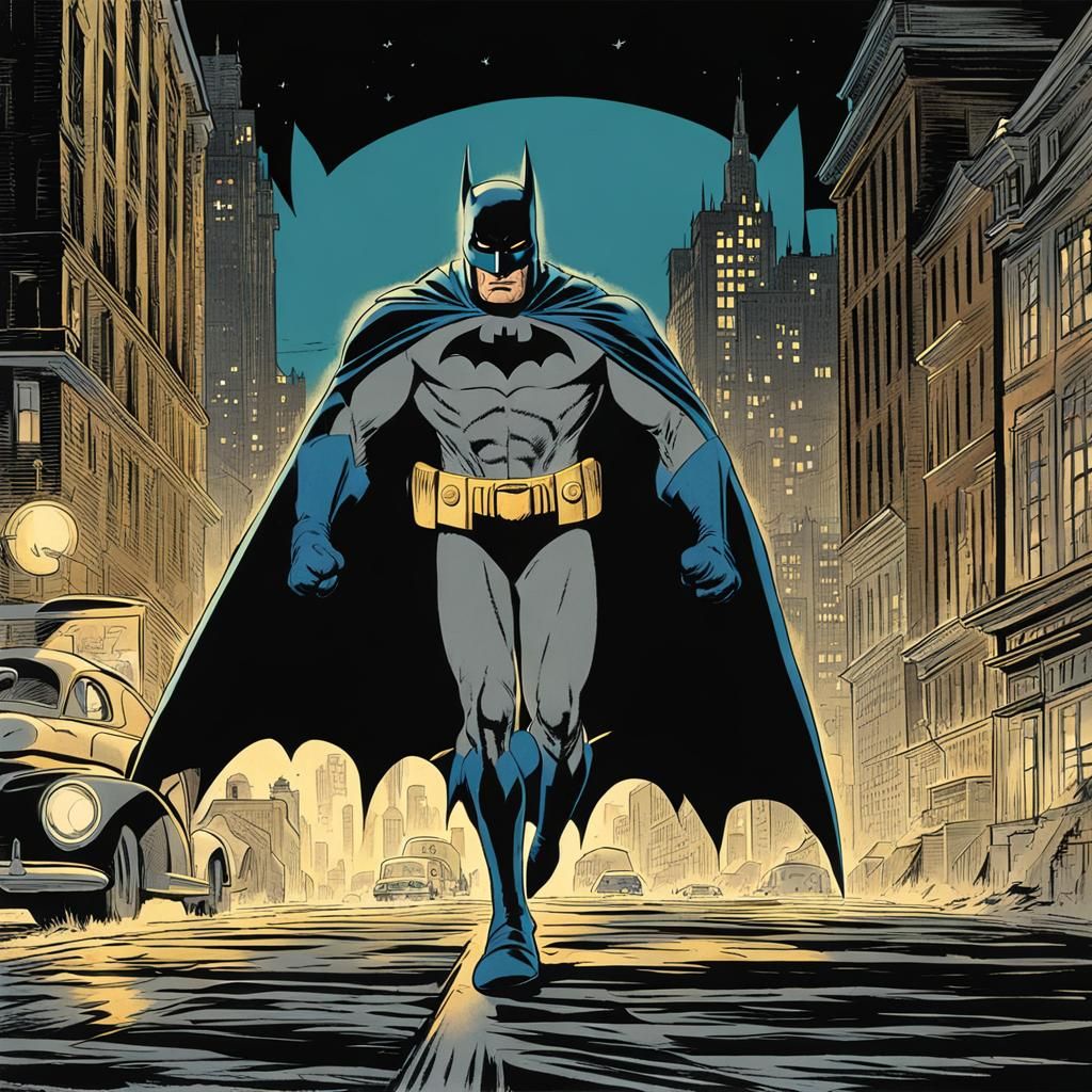 Batman is walking the streets of Gotham City at night, 1940s comic book ...