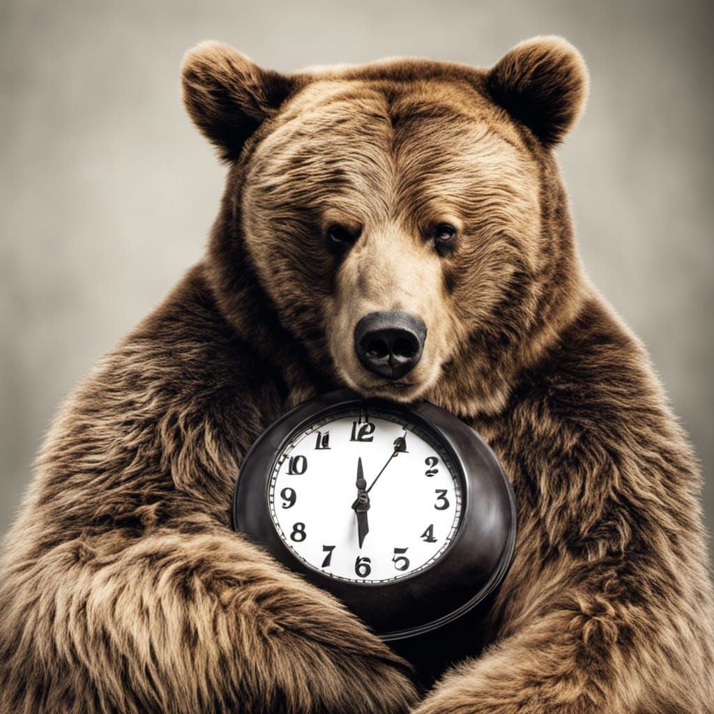 Photograph Portrait of A SAD fuzzy, Obese Bear; looking DOWN at a CLOCK ...
