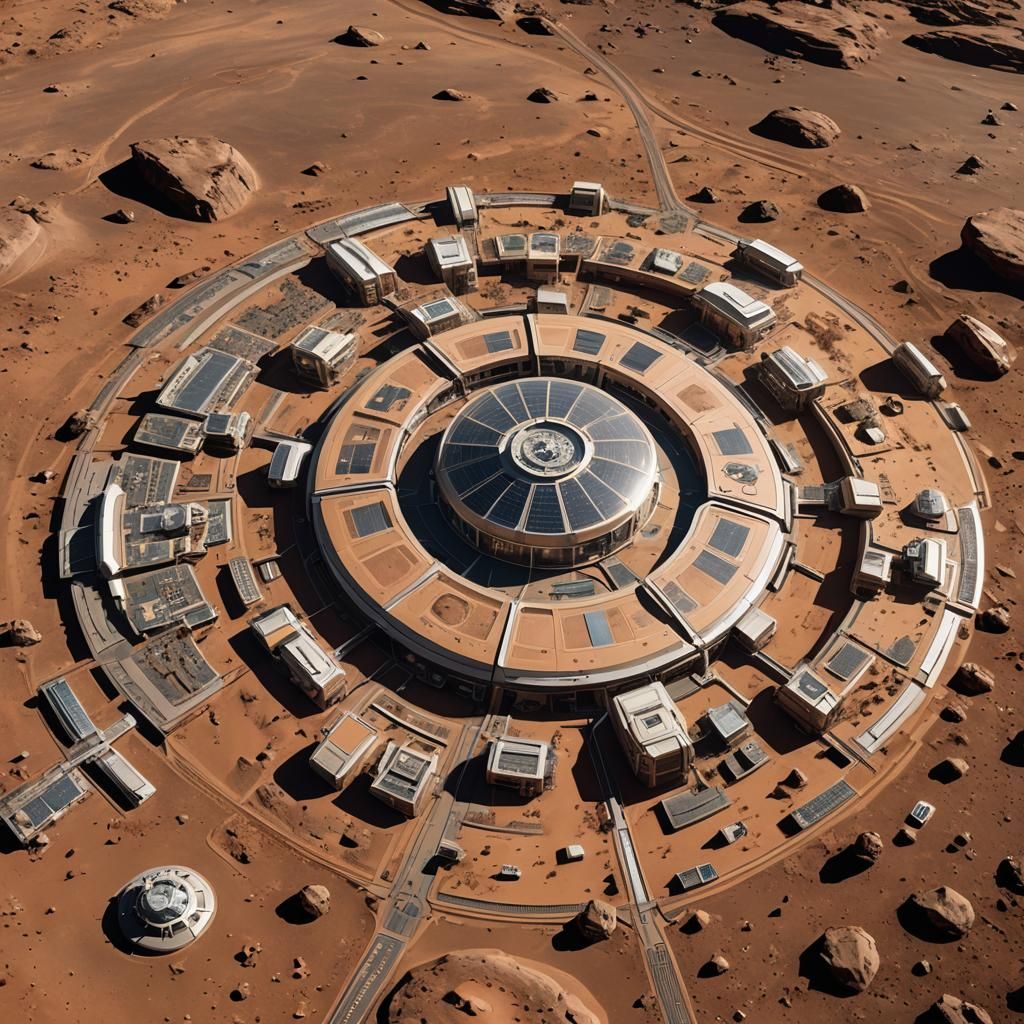 A bustling futuristic Martian base hub, serving as the nerve center of human activity on the Red ...