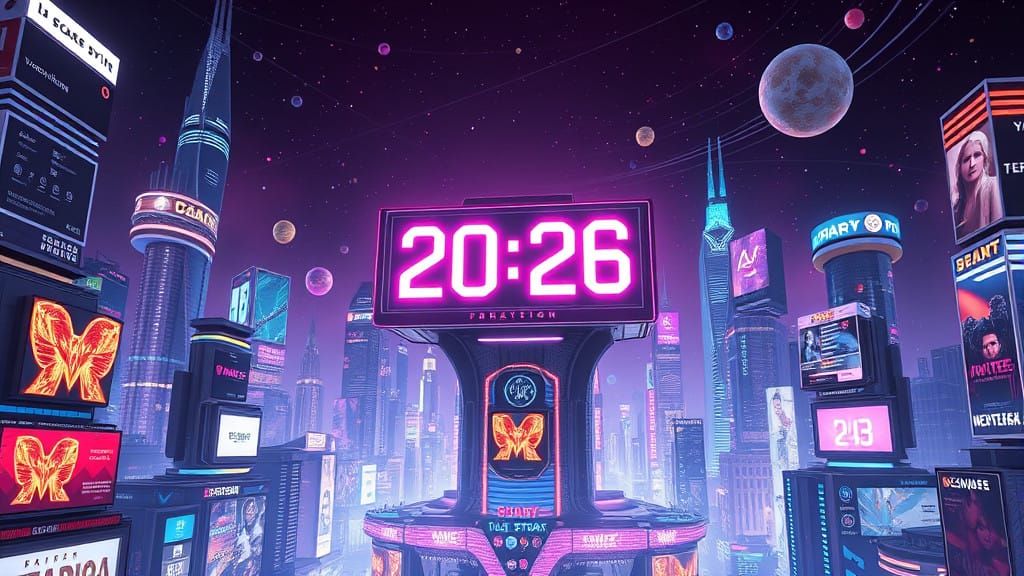A futuristic, neon-lit metropolis with a massive digital countdown clock