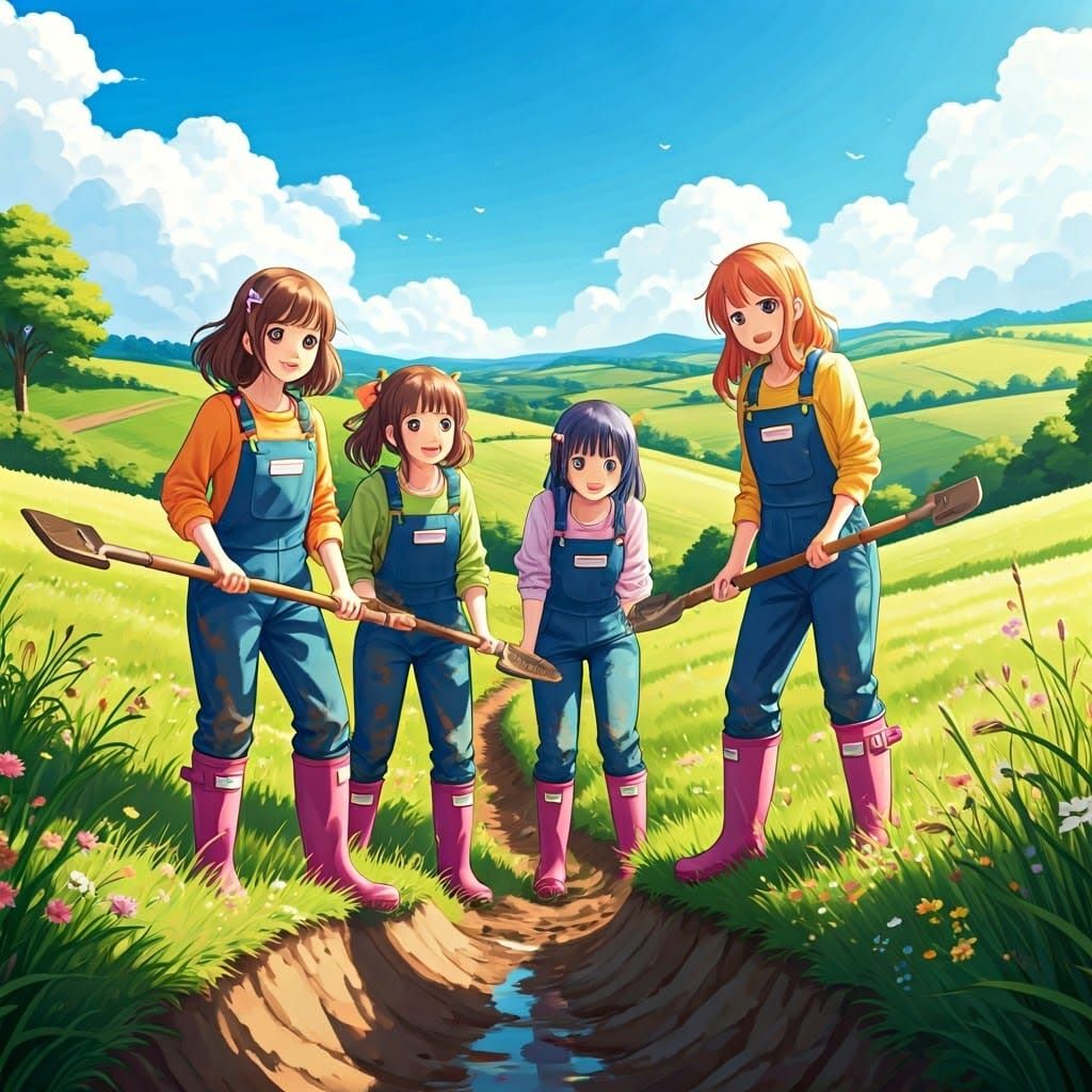 Anime Girls Digging Ditch in Countryside Farm - AI Art
