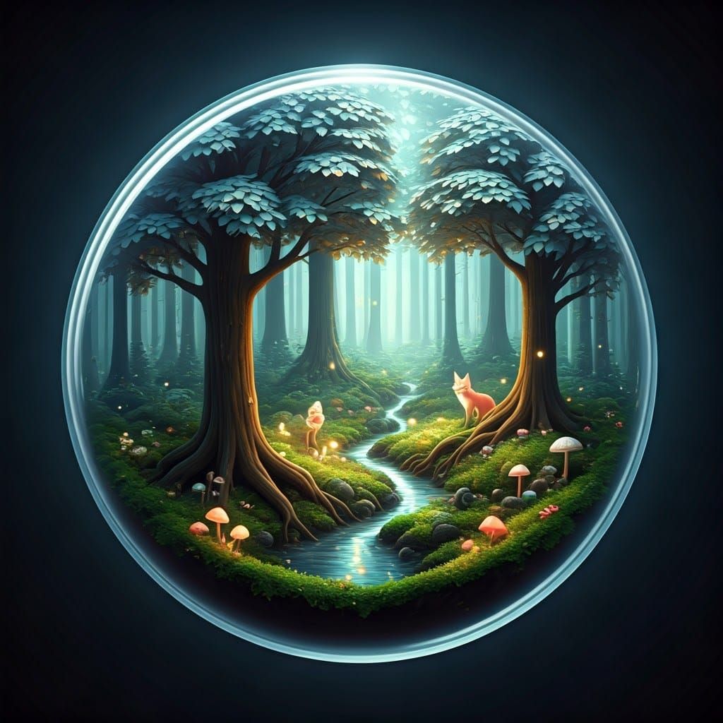 A luminous, crystal-clear glass orb encapsulates a mystical forest.