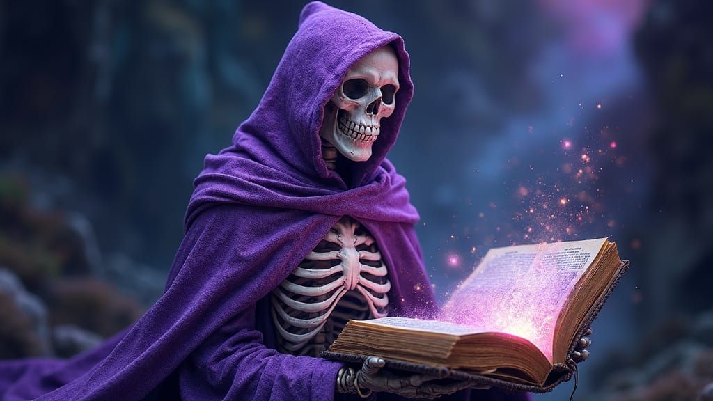 Crystallized Skeleton with Spellbook in Vibrant St... - AI Art