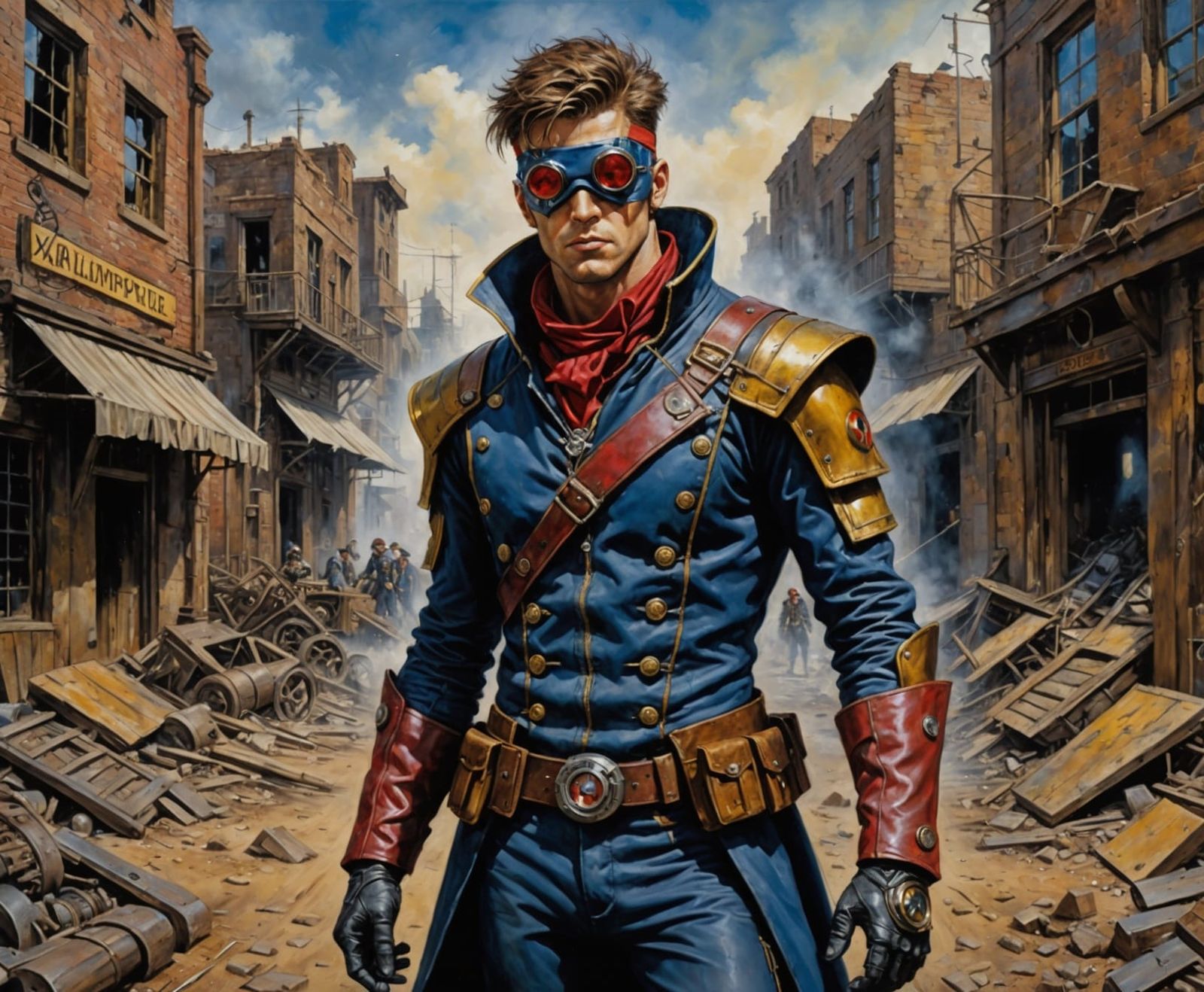 Steampunk Cyclops of the X-Men in a ravaged town.