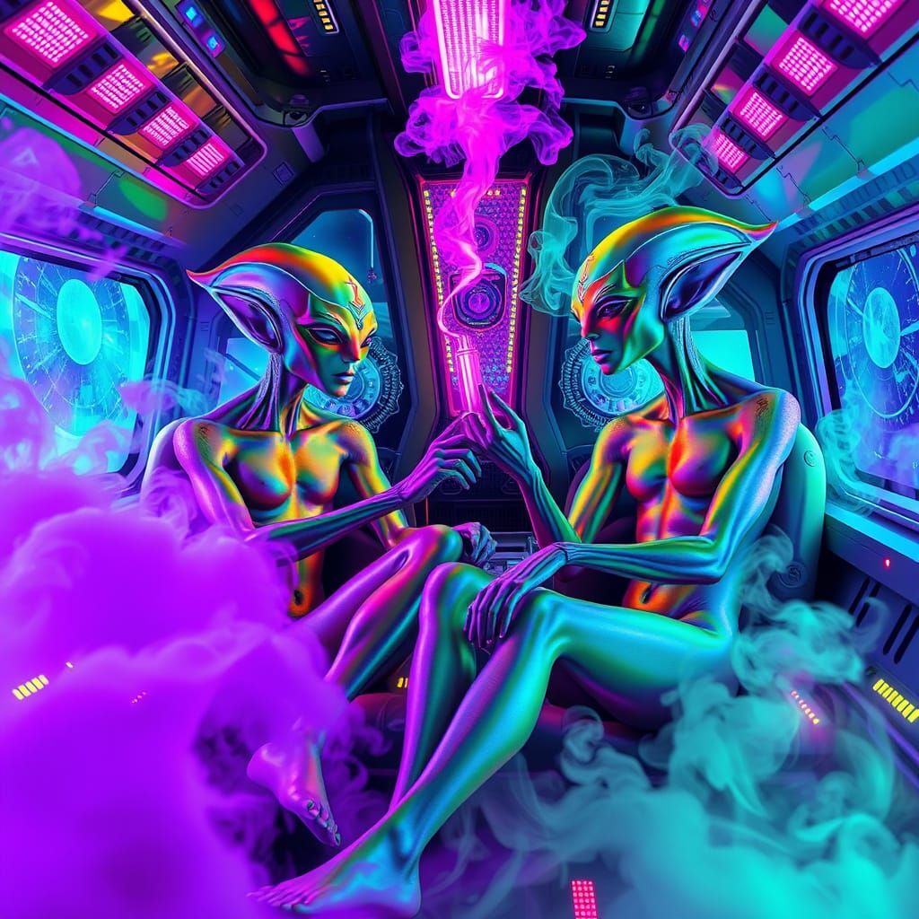 Aliens in Neon Spacecraft Smoking Weed in Hyper Re... - AI Art