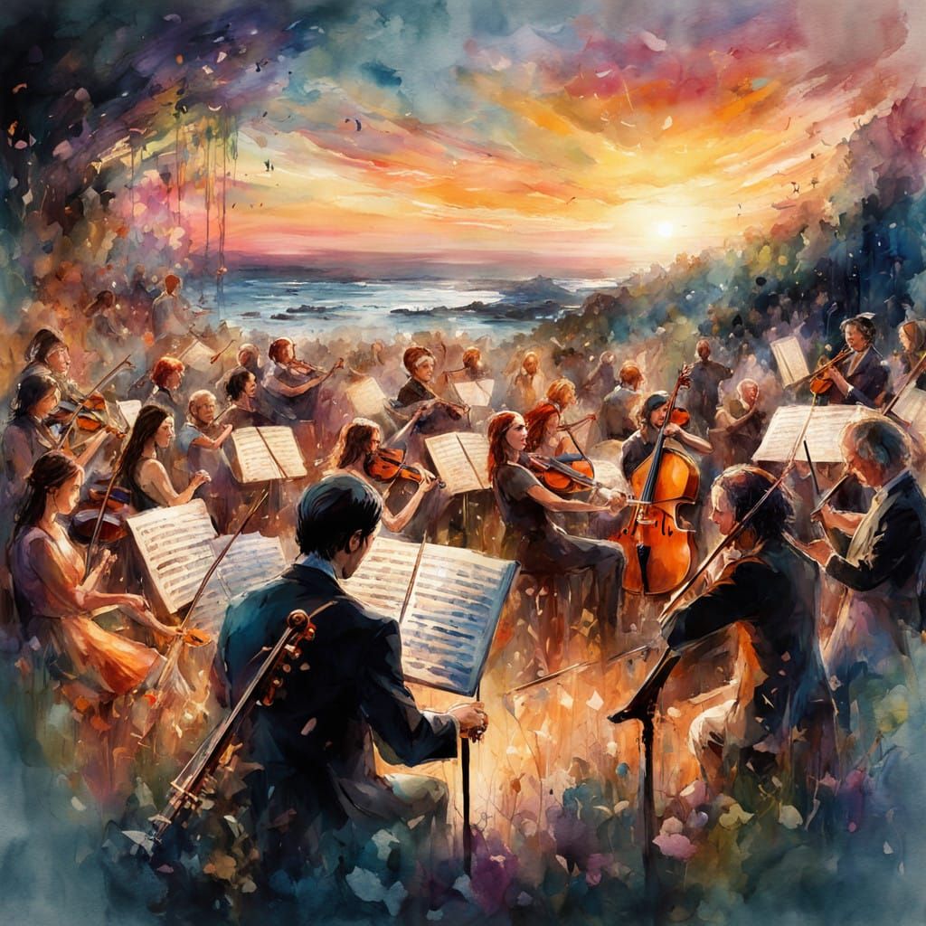 The orchestra - Vibrant Digital Watercolor Sunset with an O...