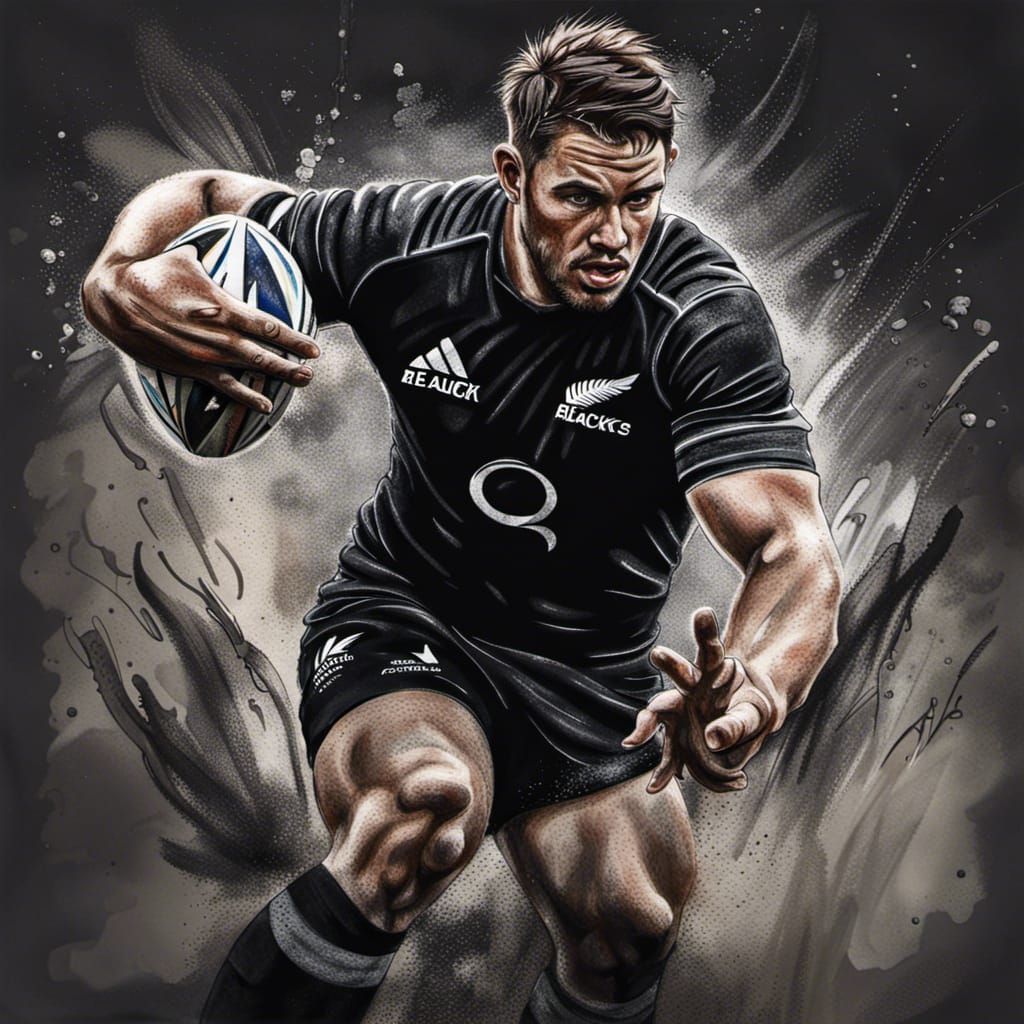 Charcoal portrait of New Zealand All Blacks Rubgy player holding a ...