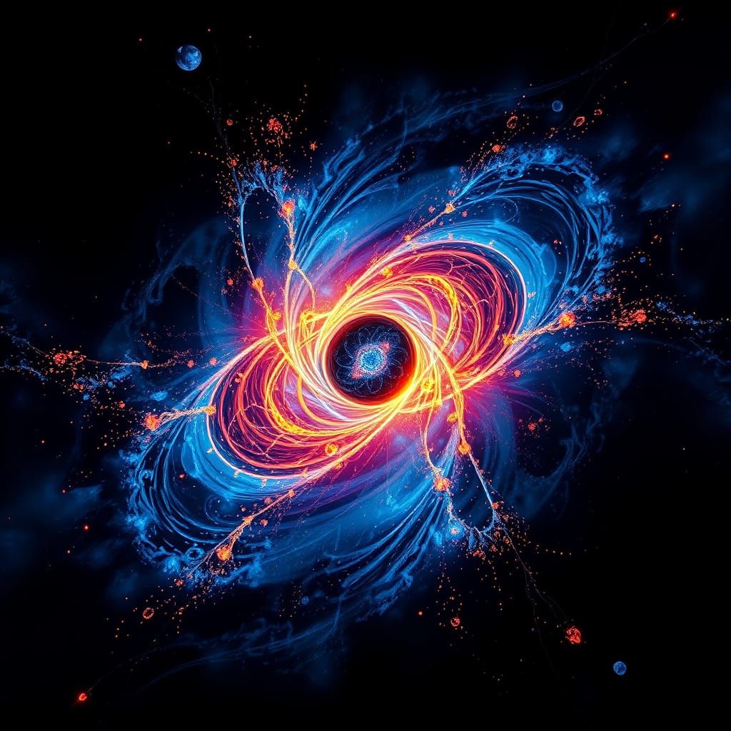 An atom splitting - Swirling Atom Vortex in Electric Blue an...