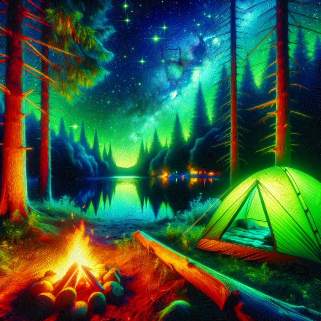 Neon Camping Scene Under Starry Sky as Oil Paintin... - AI Art