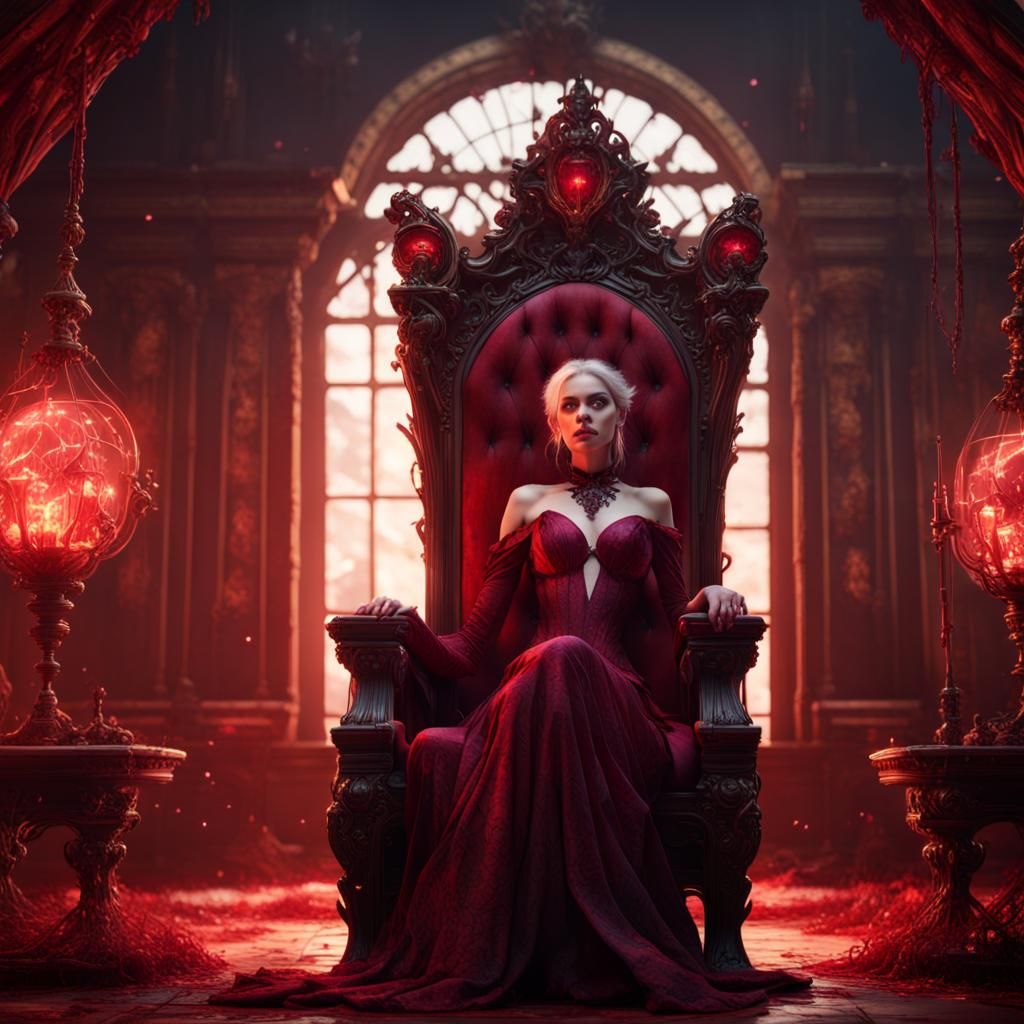 Miss Hellfire sits on a throne made of rubies watches Arachne spinning ...