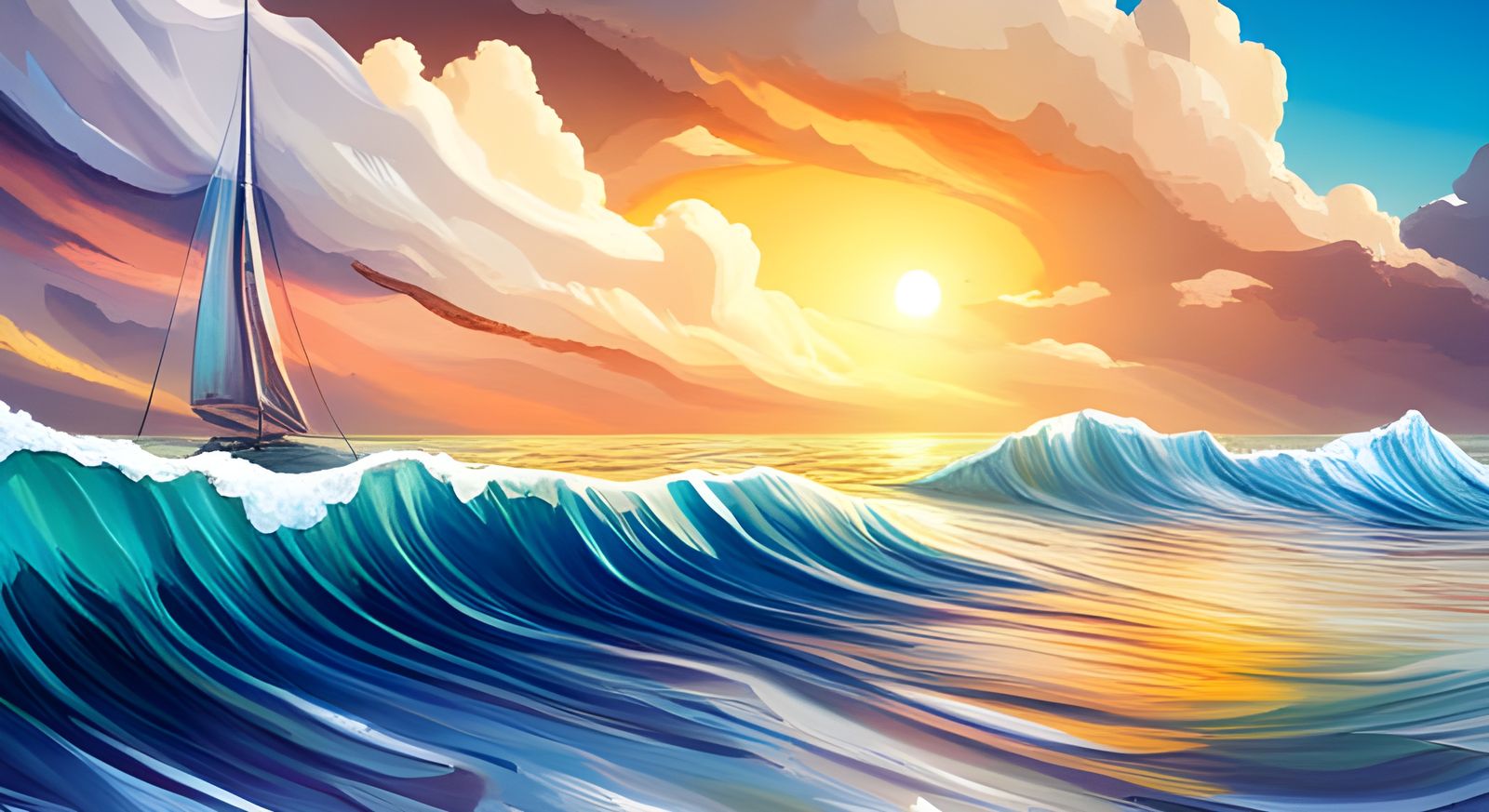 Ocean with a wave and a sail boat floating on the ocean, clouds, blue ...