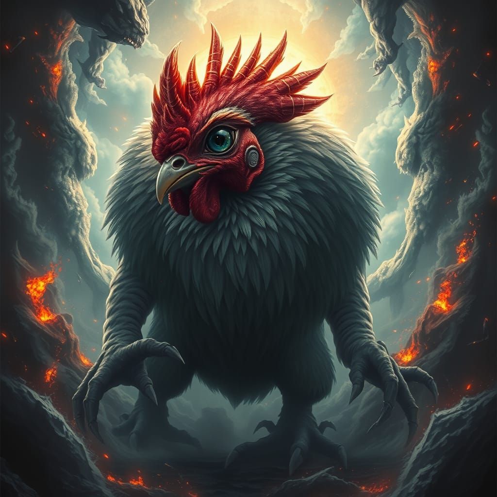 Cyclopean Chicken Monstrosity in Primordial Realm - AI Art