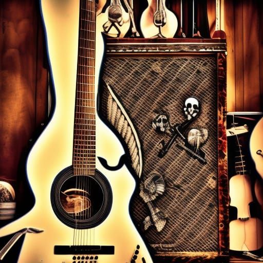 Skeletal guitar and skull shaped amplifier - AI Generated Artwork ...