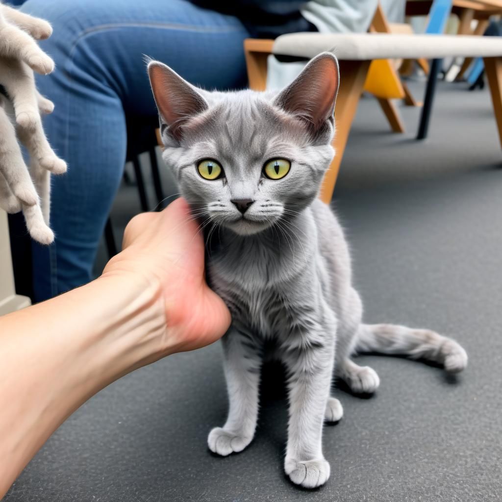 A skinny little gray cat named dinky that likes to rub all over people ...