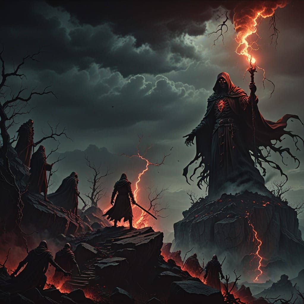 A necromancer clad in robes of living shadows stands on a cliff ...