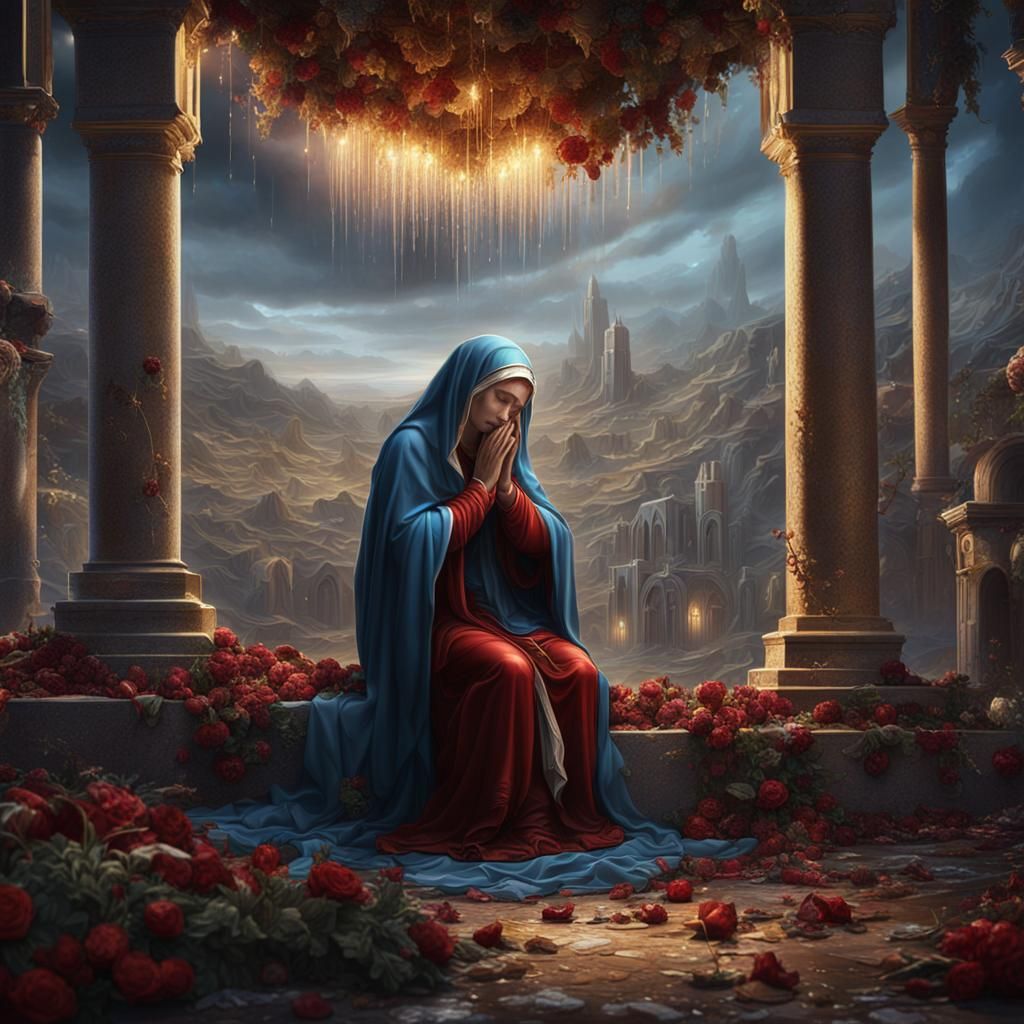 Virgin Mary weeping over the death of her son Jesus - AI Generated ...