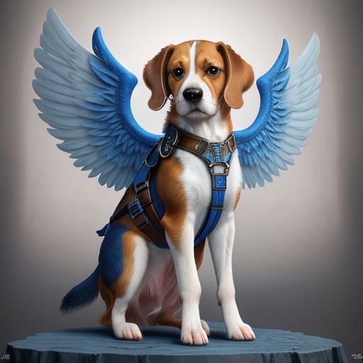 fantastical tan and white beagle has angel wings and is wearing a blue ...