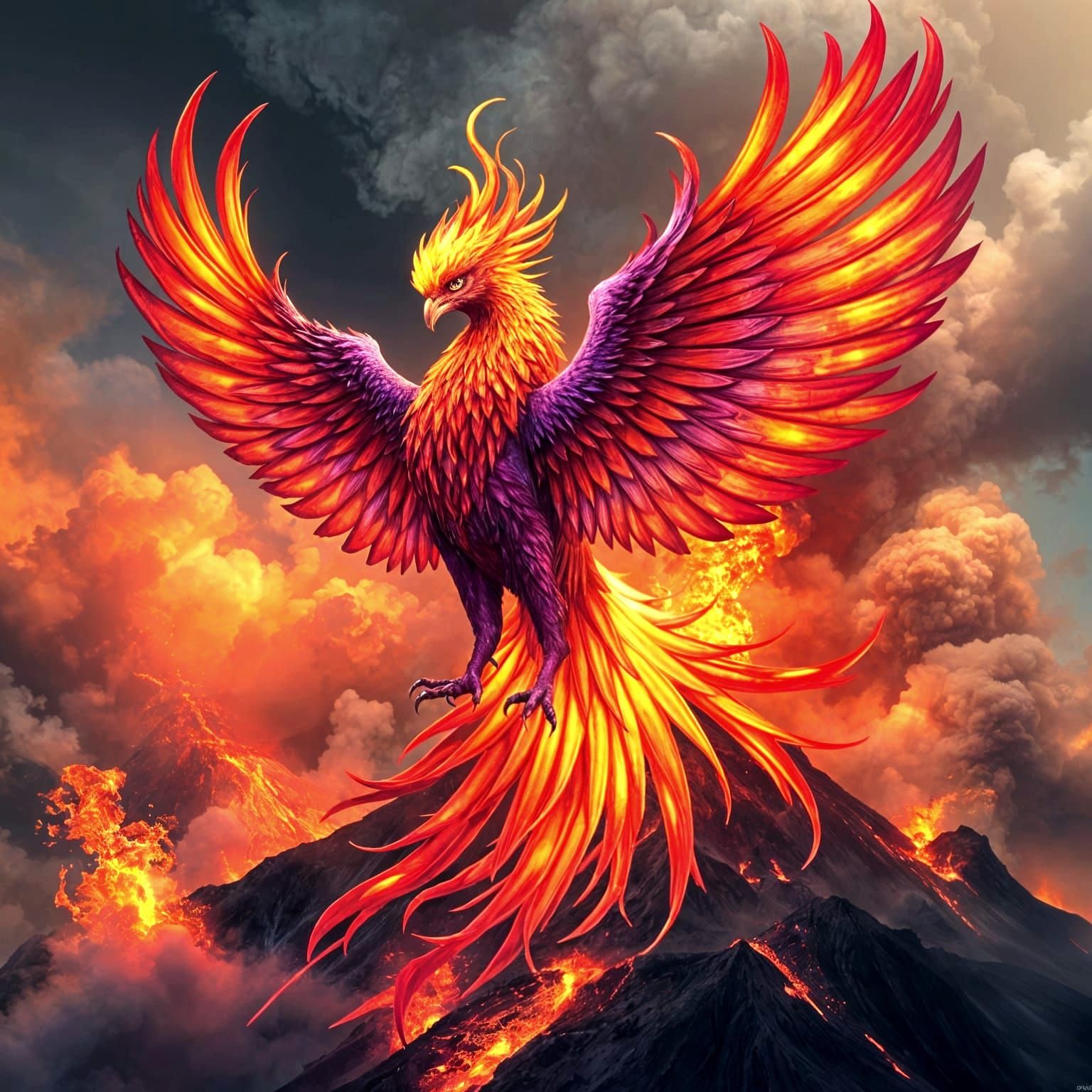 Iridescent Fire Phoenix Rising from Volcano - AI Art