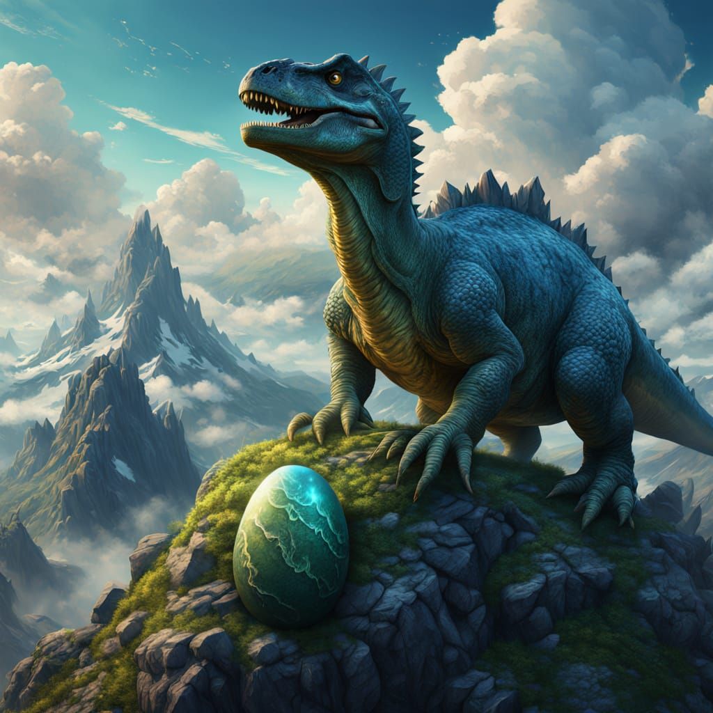 Dinosaur Emerges from Ancient Mountain Egg in Vibr... - AI Art