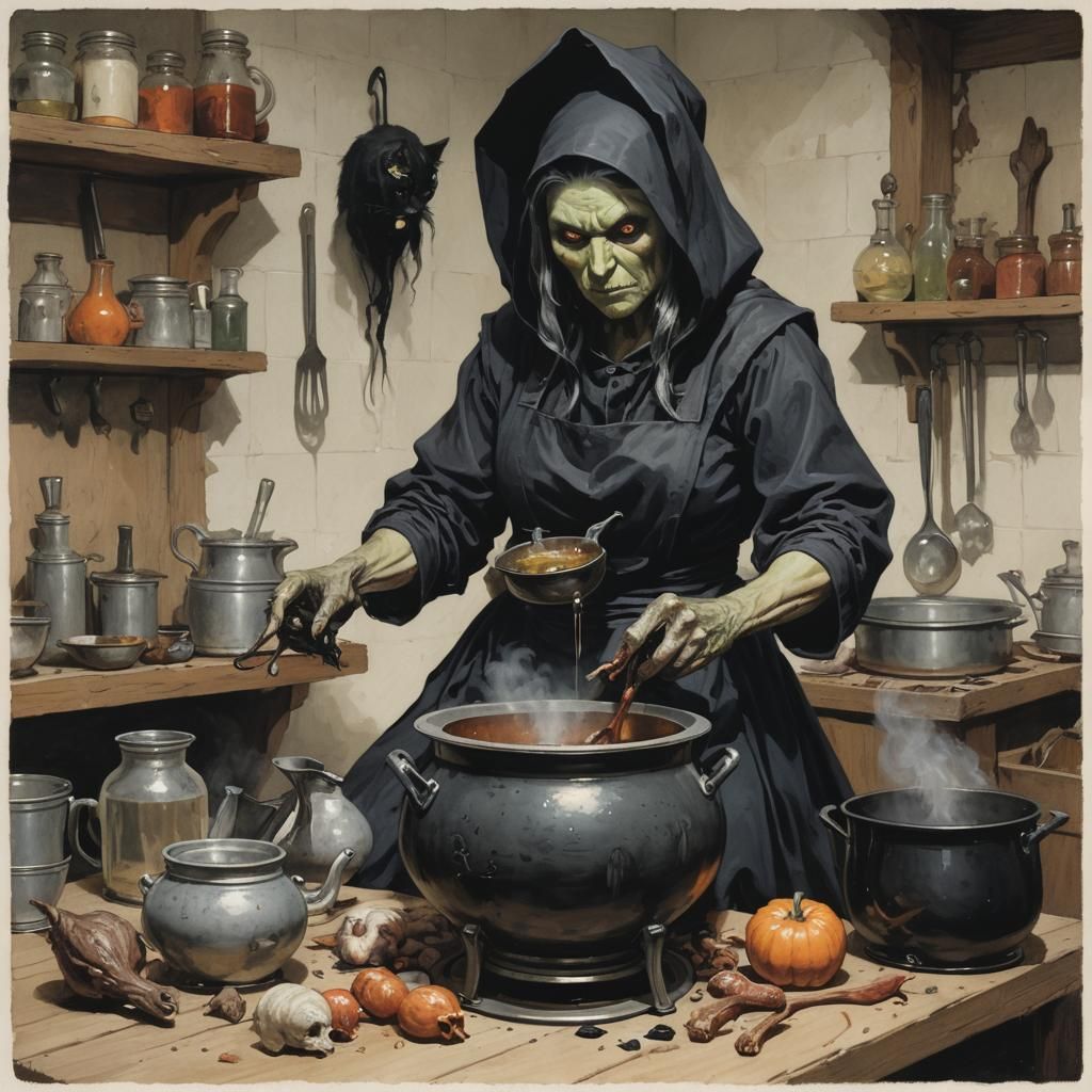 Ugly witch cooking Human body parts in a caldron making Potions Black ...
