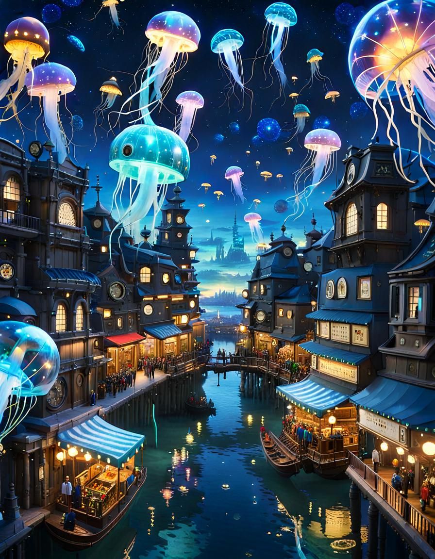 (Venetian carnival in a clockpunk city surrounded by lots of flying ...