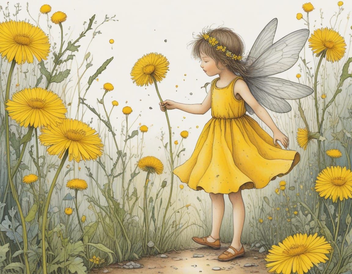 Fairy of the Dandelions - Fairy Amidst Vibrant Dandelions in...