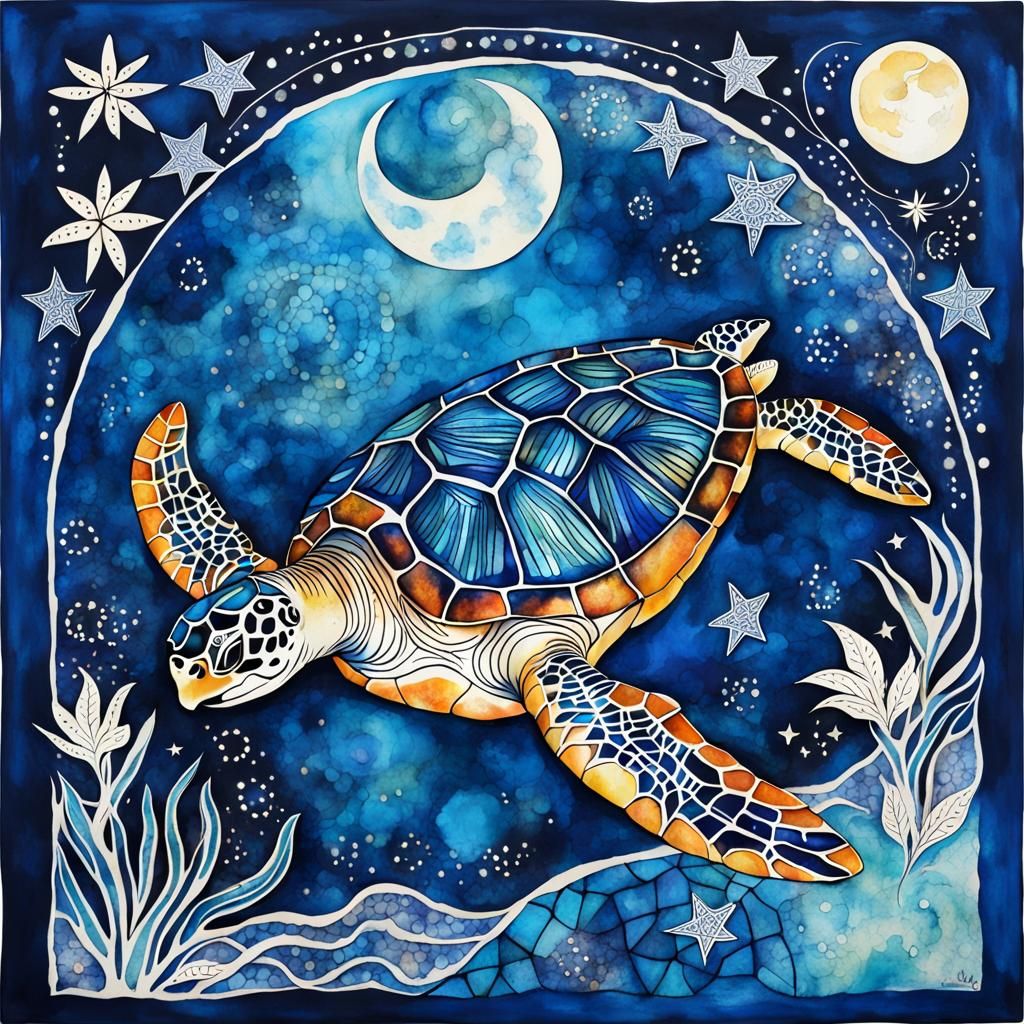 boho geometry, deep blue ocean, sea turtle swims the sea, moon, stars ...