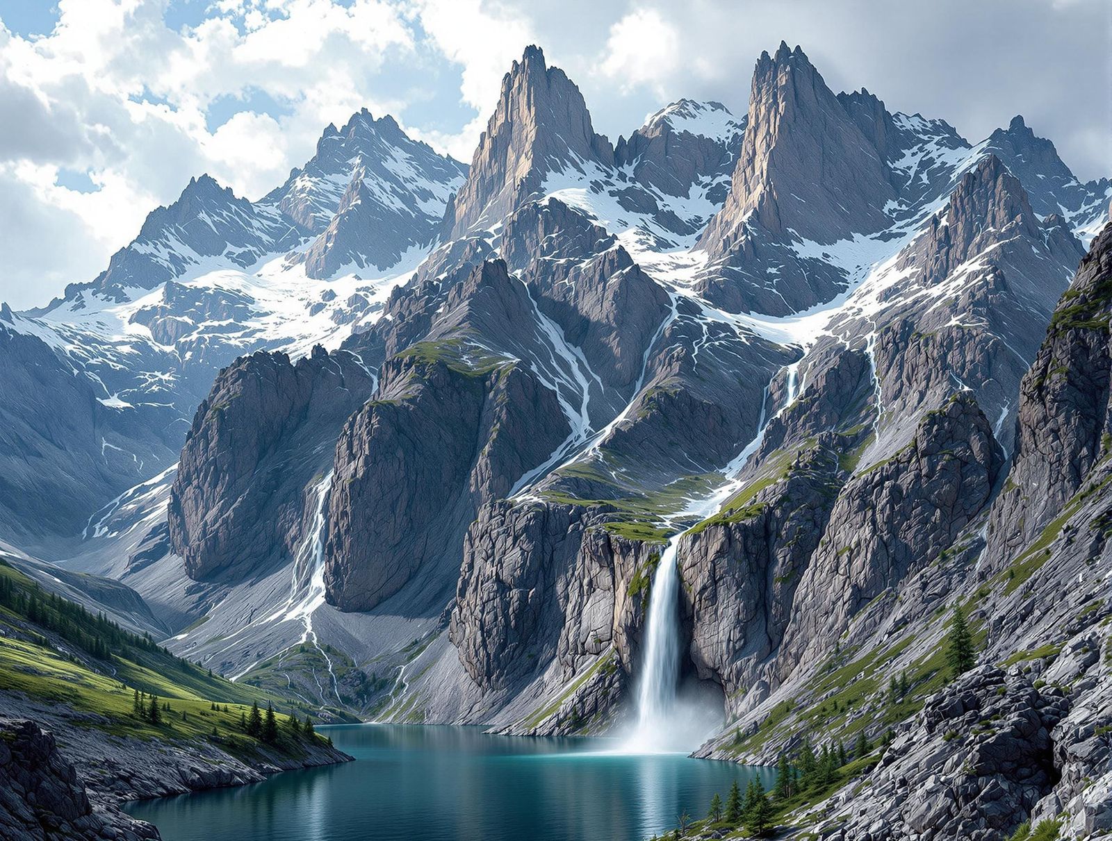 Photorealistic picture of a mountain. Jagged peaks claw the sky, their ...