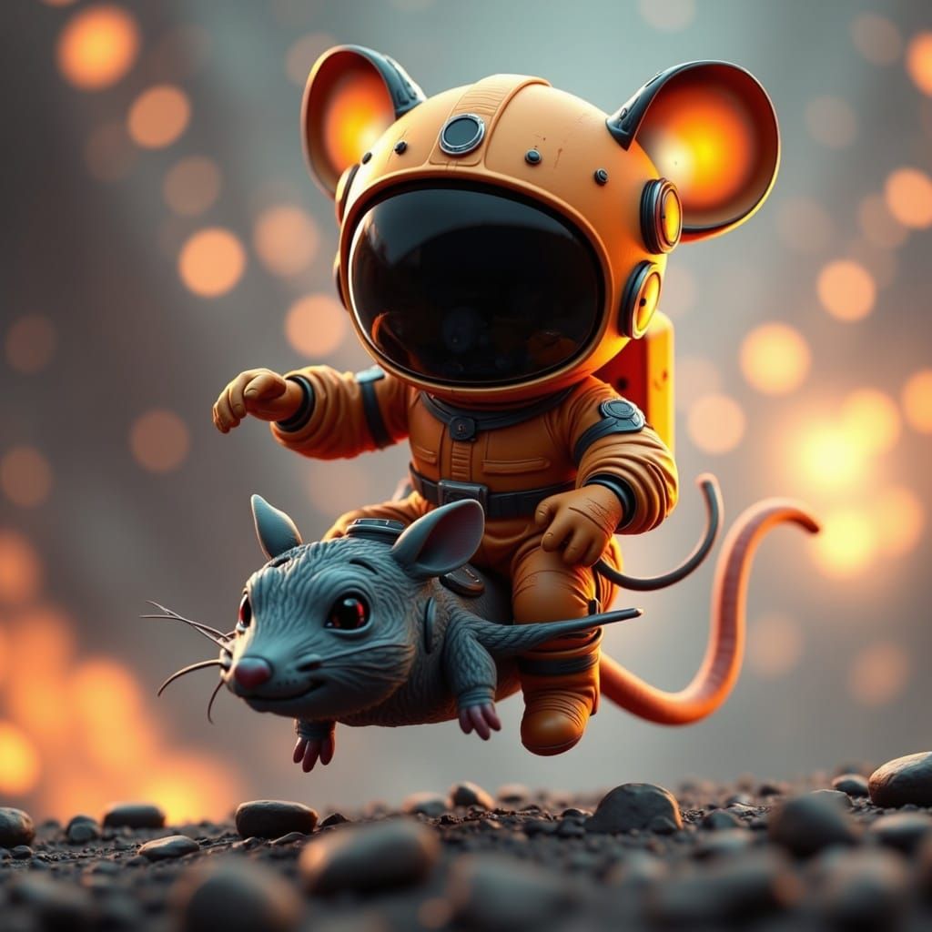 spaceman in a burnt orange spacesuit riding a mouse
