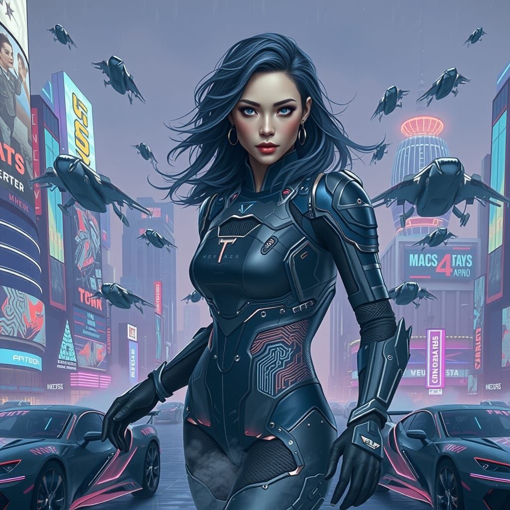 Futuristic Blue-Skinned Warrior in Neon Cityscape - AI Art