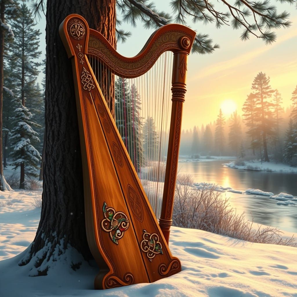 Hyperrealistic Ancient Irish Harp in Winter Forest... - AI Art
