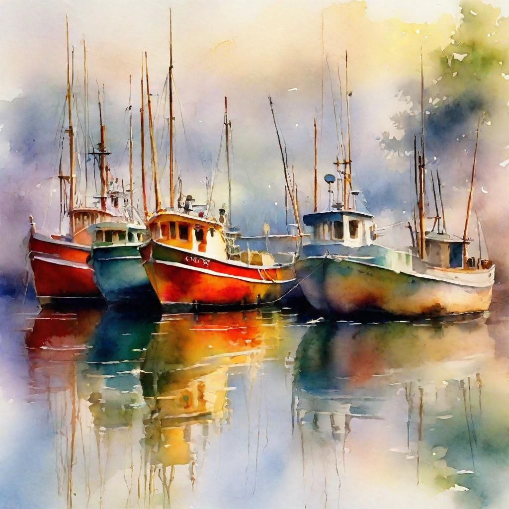 Colors of Harbour - Impressionist Watercolor Harbor Scene w...