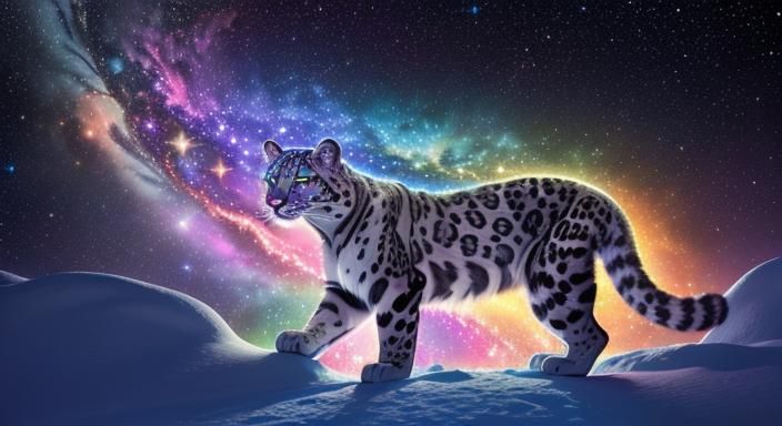 Magical Fantastic Neon Rainbow Snow Leopard in a glittering snowy ...