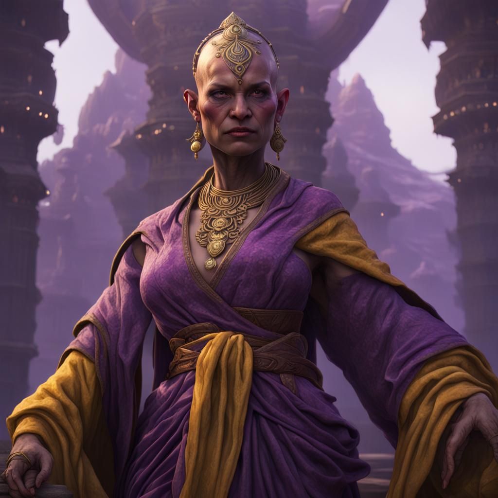 Pramatha Female Bald Giant dressed in purple robes - AI Generated ...