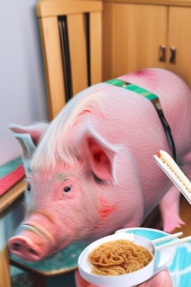 Pig loves eating Ramen noodles - AI Generated Artwork - NightCafe Creator