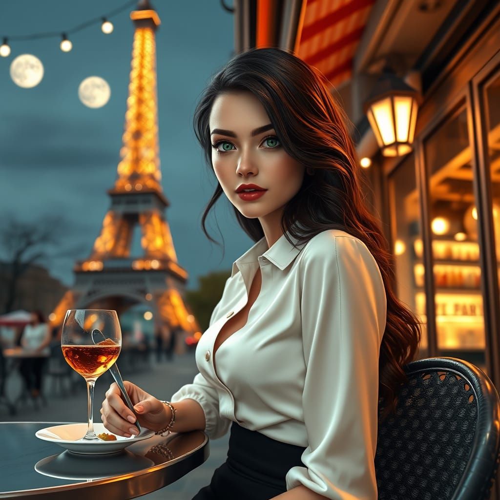 A portrait of a beautiful young European lady is at outdoor Cafe in Paris.